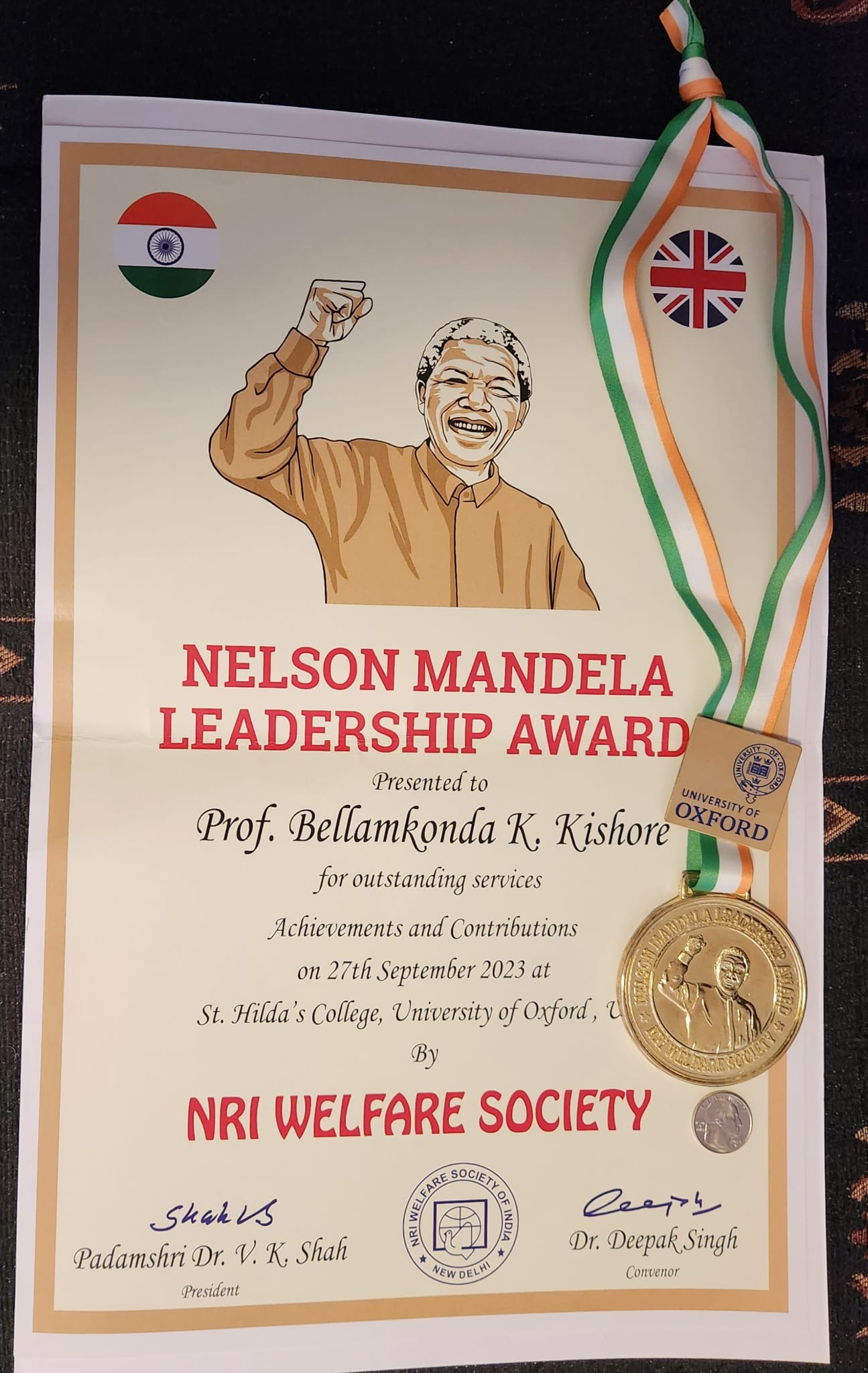 Prof. Bellamkonda K. Kishore Awarded Nelson Mandela Leadership Award 2023